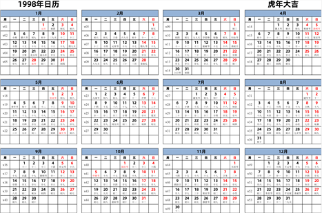 1998年日历表 日历表1998年日历全年 带农历 含周数 周一开始 - 在线网页版 - 日历精灵